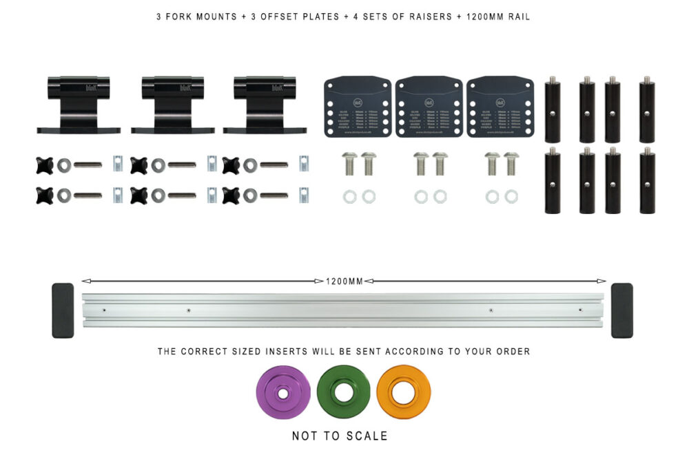 3 Fork Mounts + 3 Offset Plates + 4 Set Off Raisers + 1200mm Rail ...